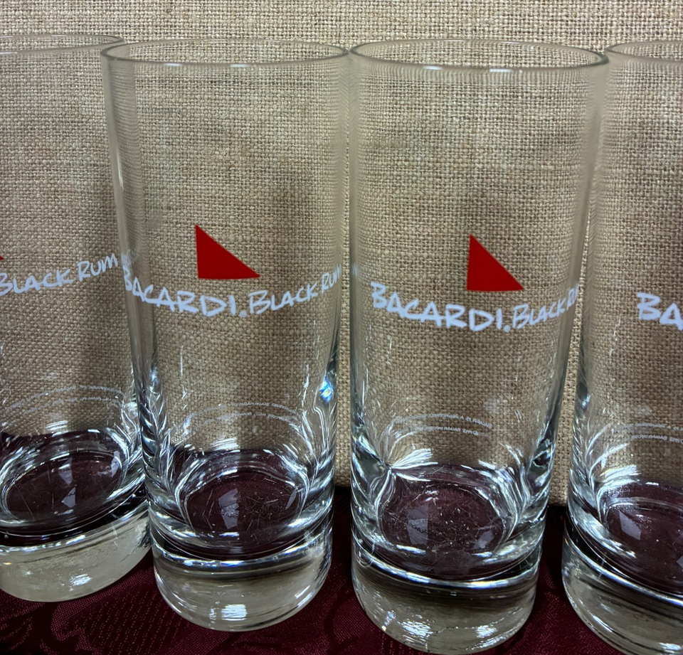 5 Bacardi Black Rum Promotional Tall Cocktail Glasses w/ logo Barware ...