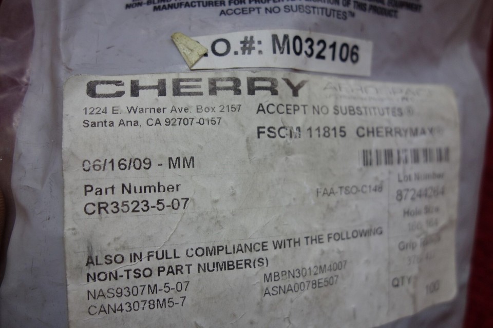 Cherry Cherrymax Flush Head Monel Blind Rivet PN CR3523-5-07, CR3523-5 ...
