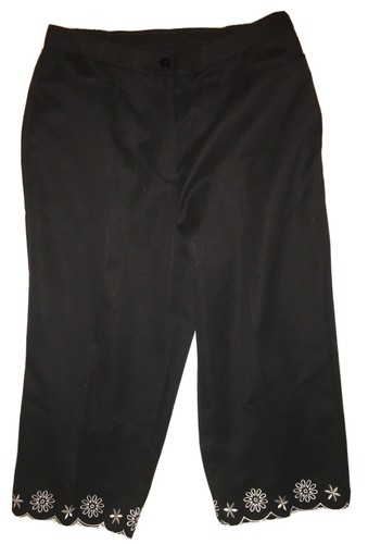 TANJAY Black with Floral Embroidered Bottom Cropped Pants Women's Size ...