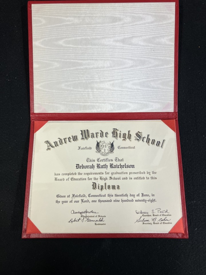 1978 ANDREW WARDE HIGH SCHOOL DIPLOMA, FAIRFIELD, CONNECTICUT,DEBORAH ...