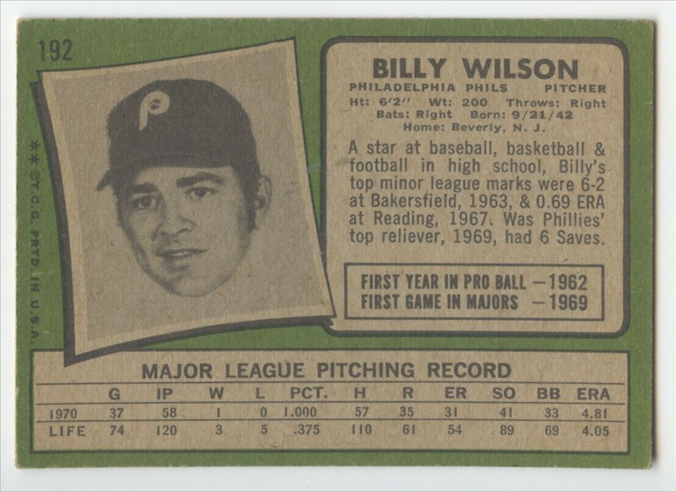 1971 Topps Billy Wilson Philadelphia Phillies #192 | eBay