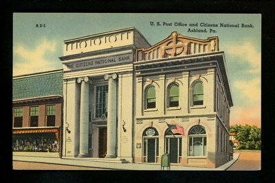 Post Office postcard Pennsylvania PA Ashland flag mailbox columns ...