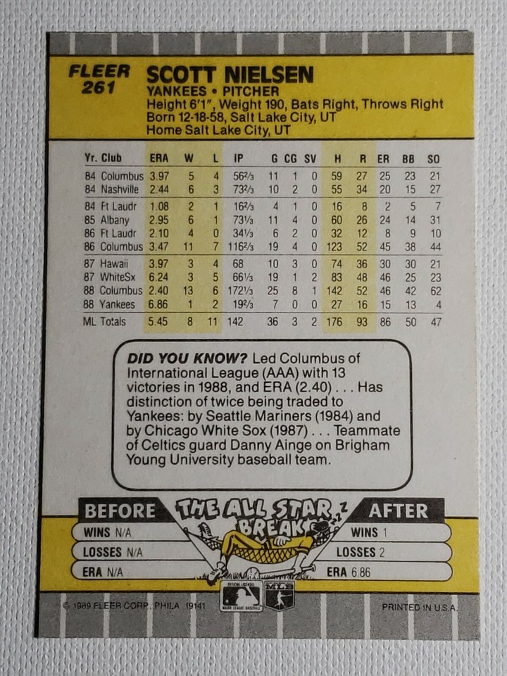 1989 Fleer Scott Nielsen RC Auto New York Yankees Autograph Card Signed ...