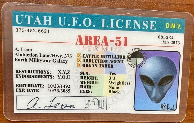 UTAH UFO Operators License Area 51 Permit Drivers License Novelty ID | eBay