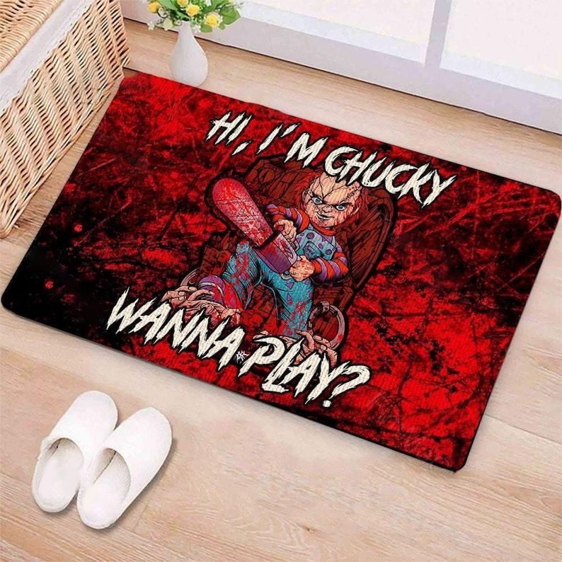 Hi I'm Chucky Wanna Play Horror Chucky Doll Bloody Halloween Doormat | eBay