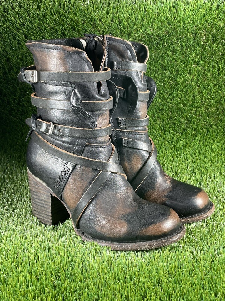 🔥Freebird Baker Boots Black Brown Stacked Heel Leather Strappy | Sz 8 ...