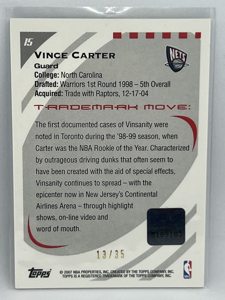 VINCE CARTER 2006-07 TOPPS TRADEMARK MOVES FOIL AUTOGRAPH #13/35 ...