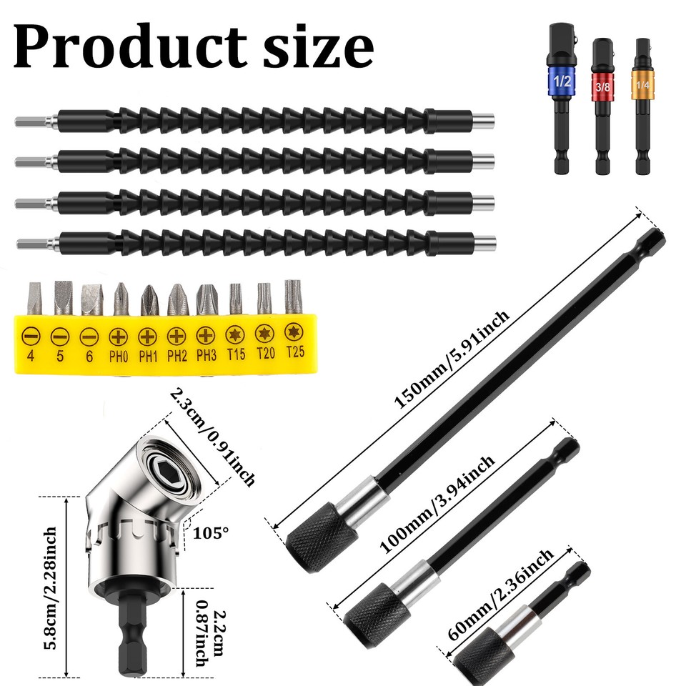 21Pcs Flexible Drill Extension Rod Kit 1/4inch Hex Shank Magnetic Drill ...