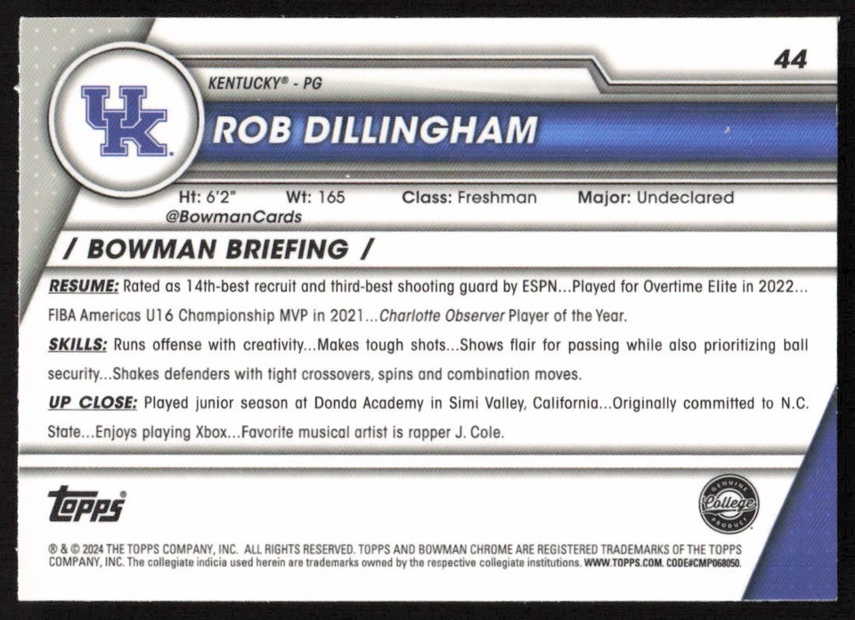 2023-24 Bowman University Chrome #44 Rob Dillingham Pink Refractor ...