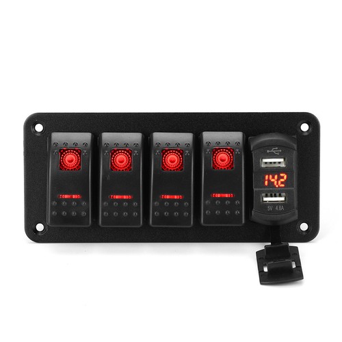 5 Gang Red Rocker Switch Panel Circuit Breaker LED Waterproof Car ...