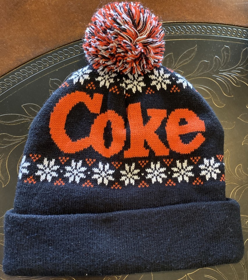 NEW Genuine Coca Cola Coke Logo Black Red Knit Pom Beanie Hat Cap Adult ...