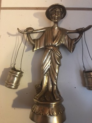 ASIAN ANTIQUE BRONZE STATUE "Oriental Man Carrying Water Buckets"- 9 ...