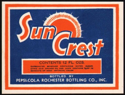 Vintage soda pop bottle label SUN CREST Pepsi Cola unused new old stock ...