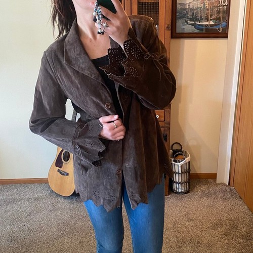 Dennis Basso Brown leather eyelet jacket size large | eBay