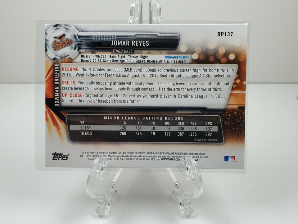 Bowman 2017 Baseball Card #BP137 Jomar Reyes Baltimore Orioles | eBay