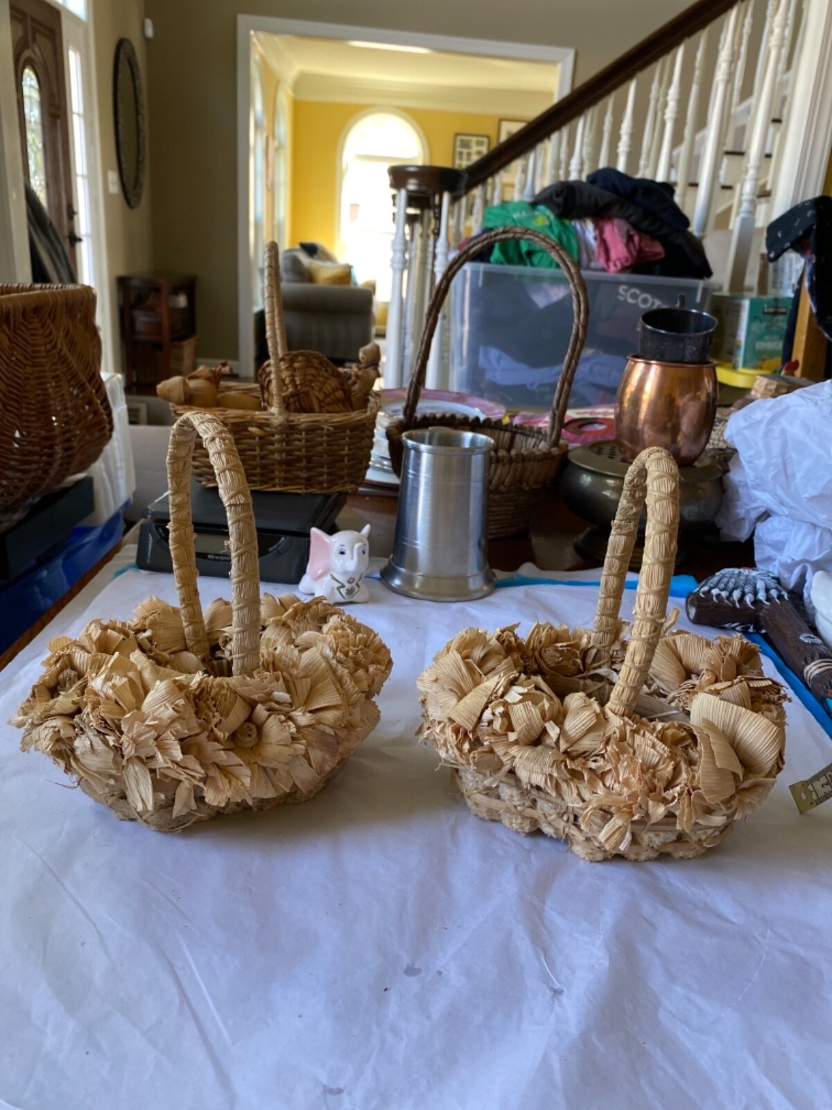 UNIQUE HTF COLLECTIBLE ANTIQUE /VINTAGE COB HUSK BASKETS (2) WITH ...
