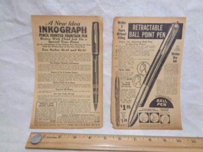 Vintage Ad pages 1942 Lot of (2) INKOGRAPH pen BALLPOINT pen Art ...