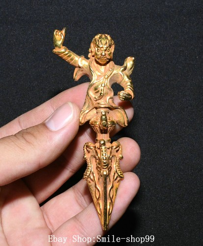 10CM Old China Dynasty Bronze Gilt People Elephant Nose Daggr Faqi ...