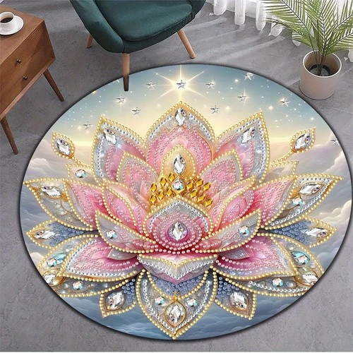 A Round Area Rug Featuring a Pink Lotus Pattern, Washable And Large ...