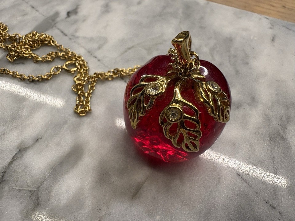 Avon Red Apple Glass & Crystal Pendant Necklace Gold Tone Cable Chain ...