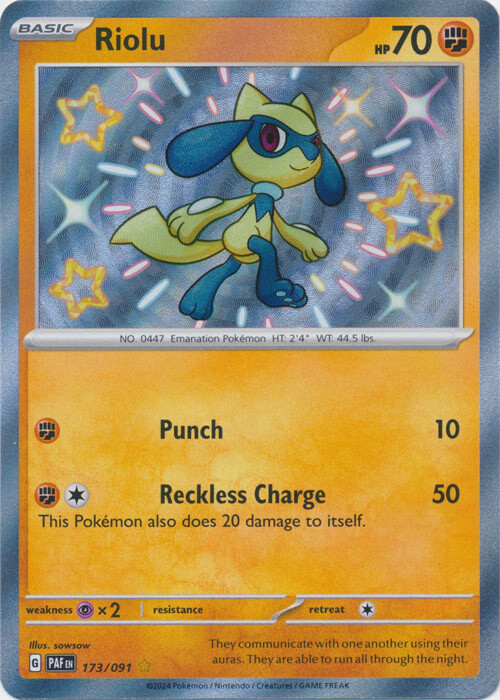 Riolu (Shiny) - 173/091 Shiny Rare Paldean Fates Pokemon Card | eBay