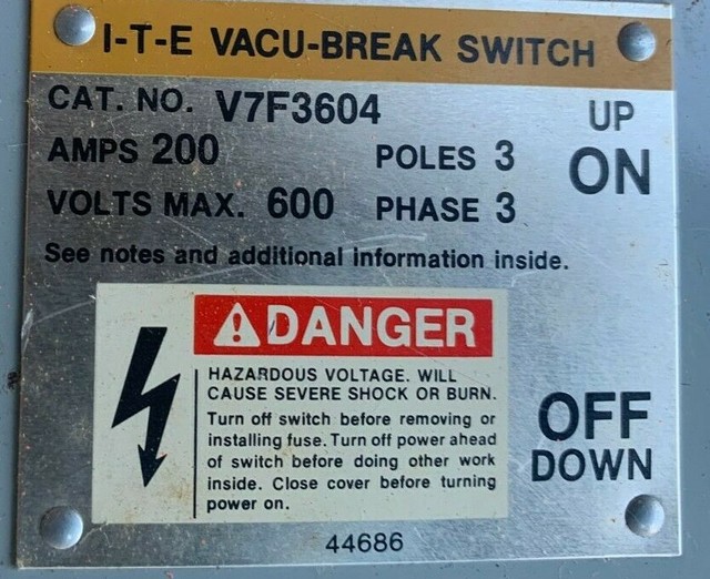 ITE Siemens V7F3604 200 Amp 600v Fusible Panelboard Switch for sale ...