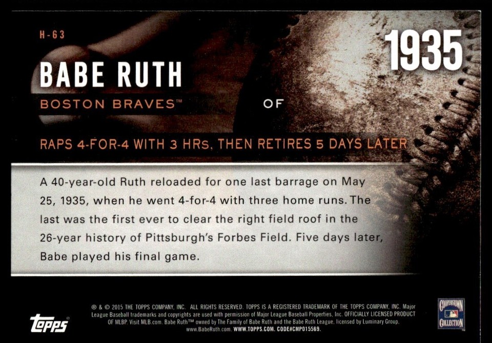 2015 Topps Update Highlight of the Year Babe Ruth Boston Braves #H-63 ...