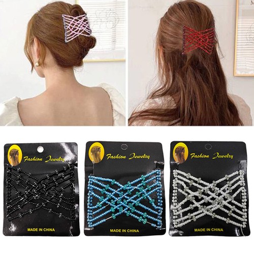 Women Magic Hair Comb Clip Double Slide Wood Beads Elastic Hairpin Hair ...