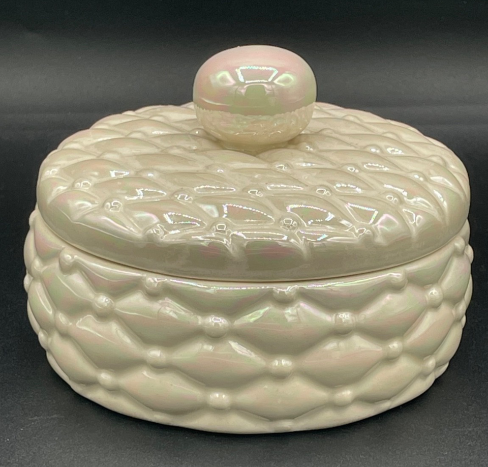 Vtg. Arnels Ceramic Iridescent White Lusterware Quilted Round Trinket ...