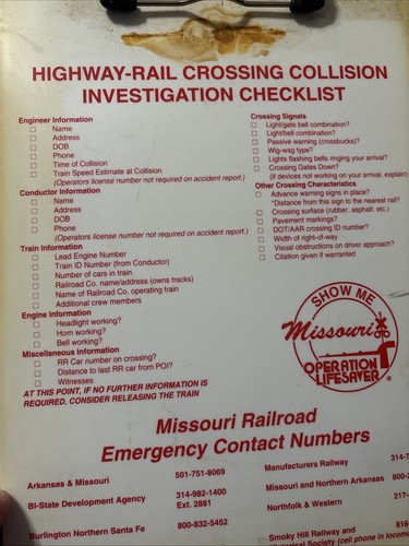 Vintage Railroad / Police Collision Checklist Clip Board Missouri | eBay