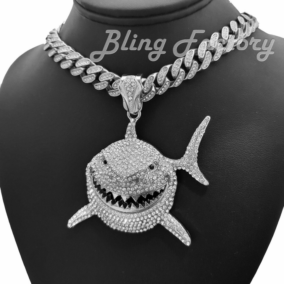 Iced Shark & 69 6ix9ine Pendant & 20" Iced Cuban & 1 Row Chain Bling ...