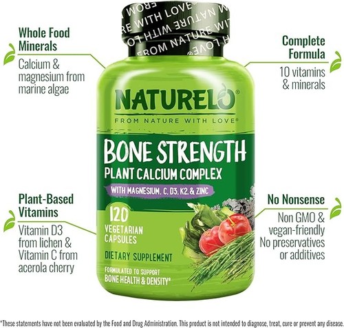 NATURELO Calcium for Bone Strength – 120 Capsules | Plant-Based Calcium ...