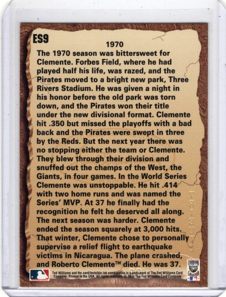 1993 Ted Williams Etched in Stone Clemente #ES9 Roberto Clemente/1970 ...