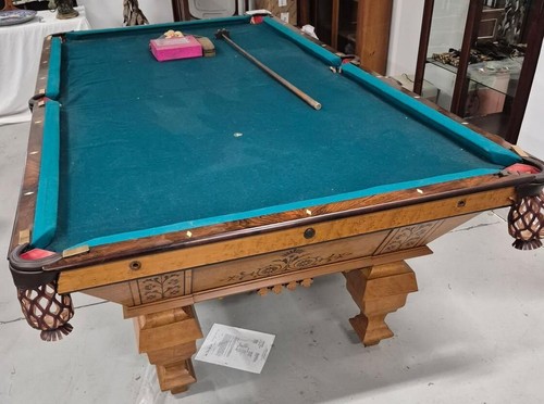 ANTIQUE 1890 BRUNSWICK 9' POOL TABLE- marquetry inlaid, extras, 4 1.5 ...