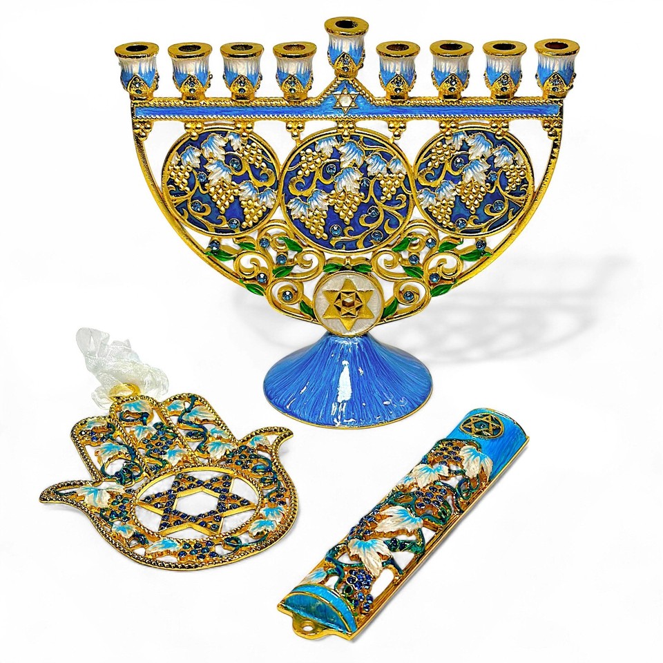 Blue and Gold Enamel Menorah Ornate Jeweled Menorah Hanukkah Gift ...