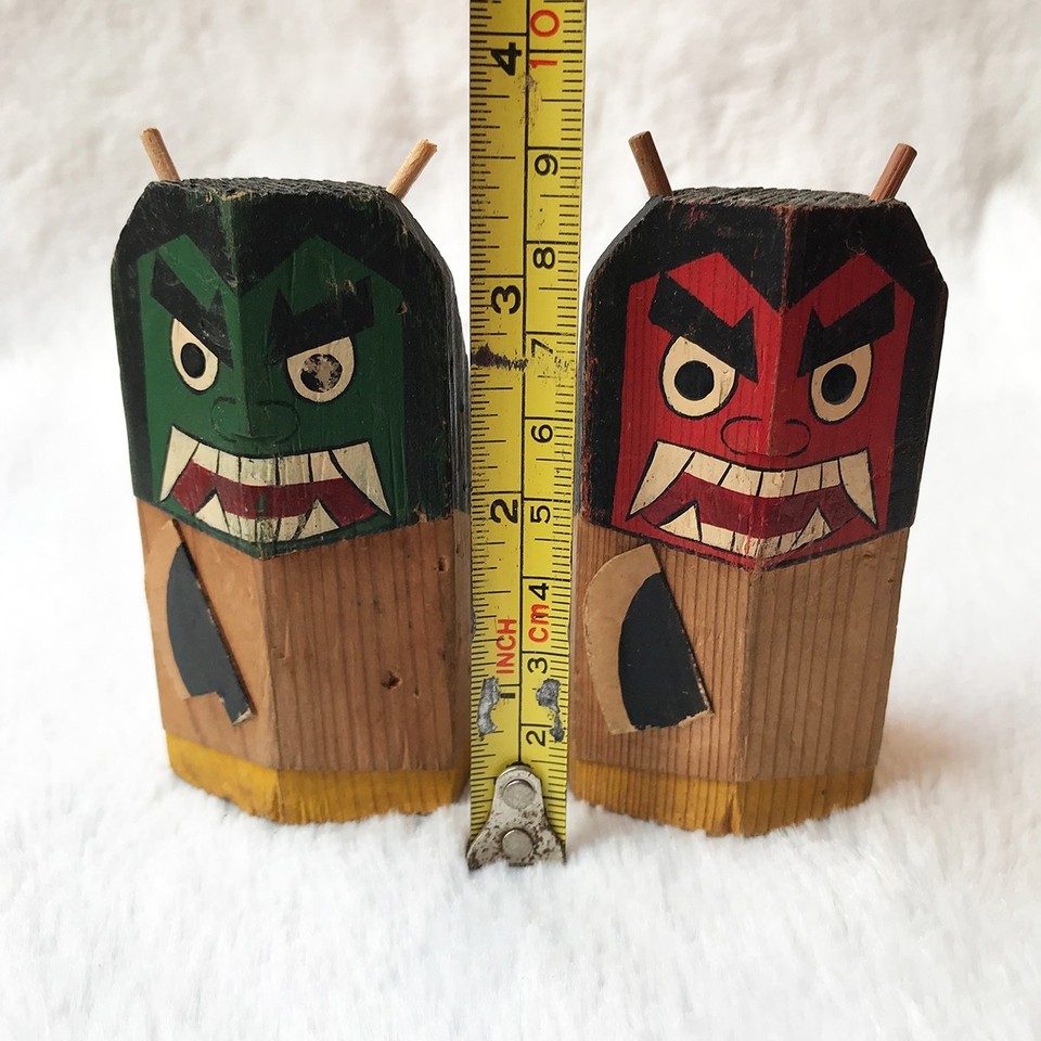 Set of 2 Japanese Wooden Oni Namahage Kokeshi Dolls Vintage Yokai Folk ...