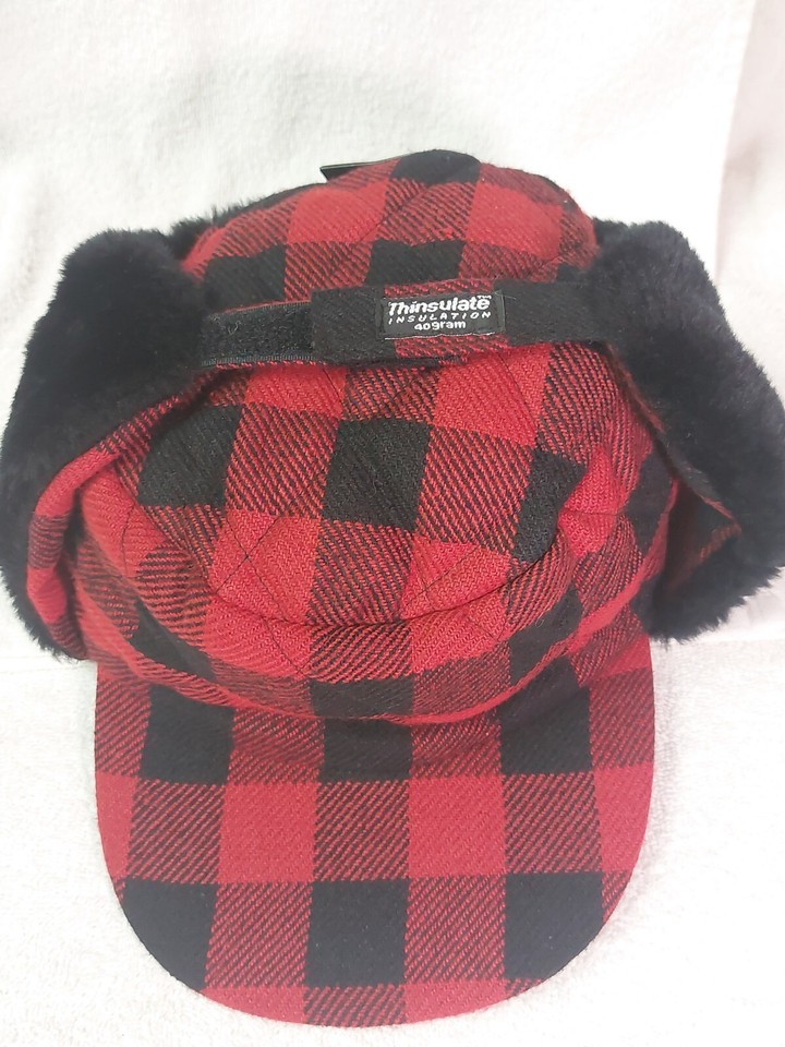 NEW Buffalo Plaid Hat Red Black Hunting Cap Earflaps Size M Thinsulate ...