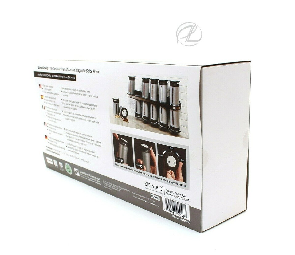 Zevro Spice Rack Gravity Magnetic NEW 12 Canisters Black Silver Wall ...