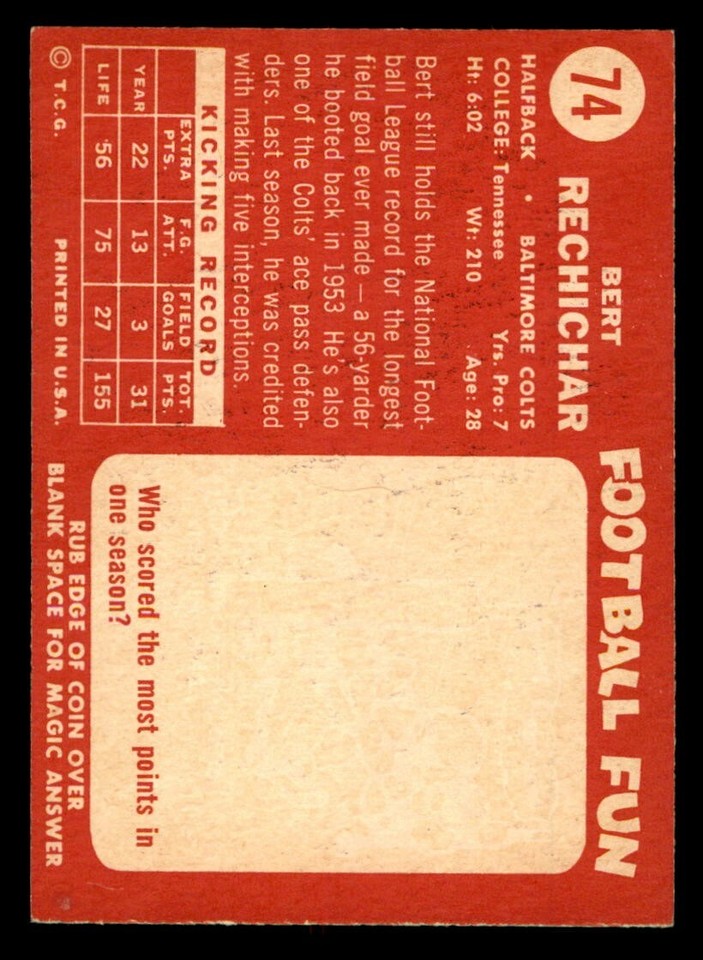 1958 Topps Football #74 Bert Rechichar EX/MT *e2 | eBay