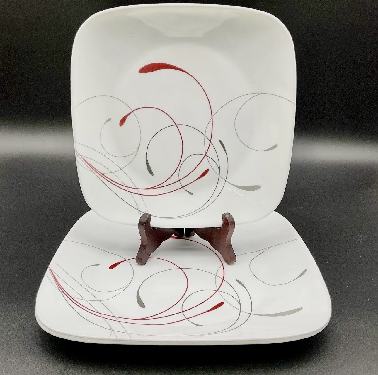 Square CORELLE Red & Gray Swirl Splendor ~ 4 Dinner & 4 Lunch Salad ...