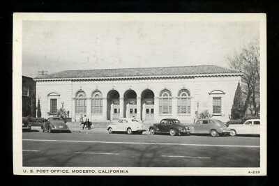 Post Office postcard California CA Modesto cars street view entrance ...