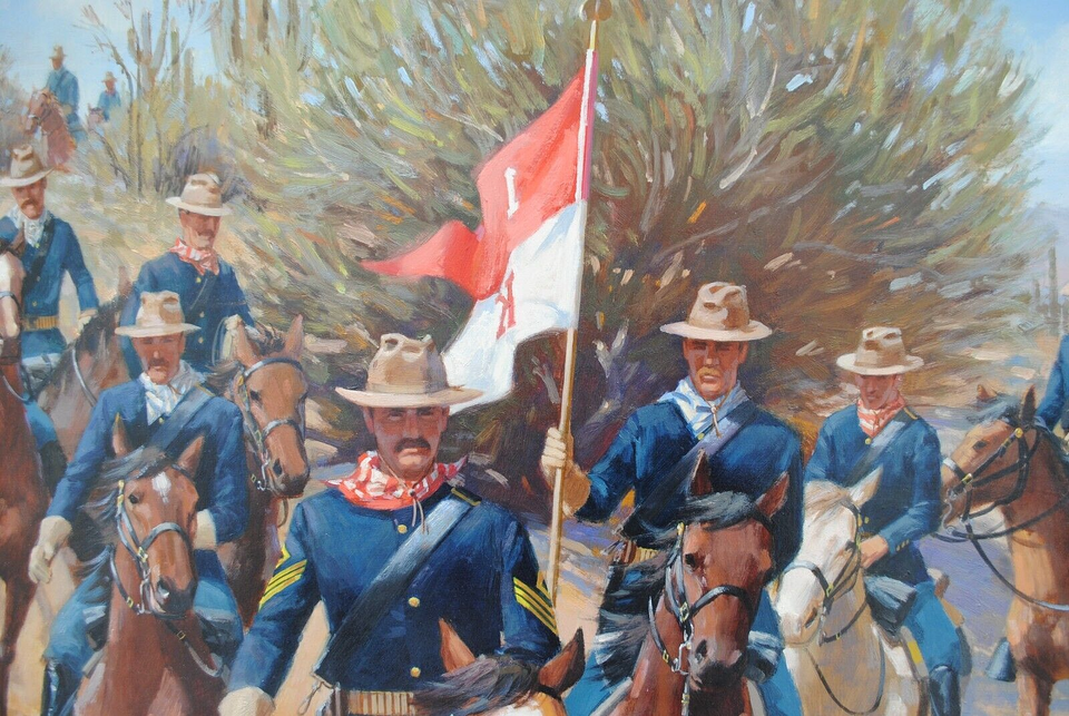 Ron McKee b.1931 large western American painting Indian Wars Southwest ...