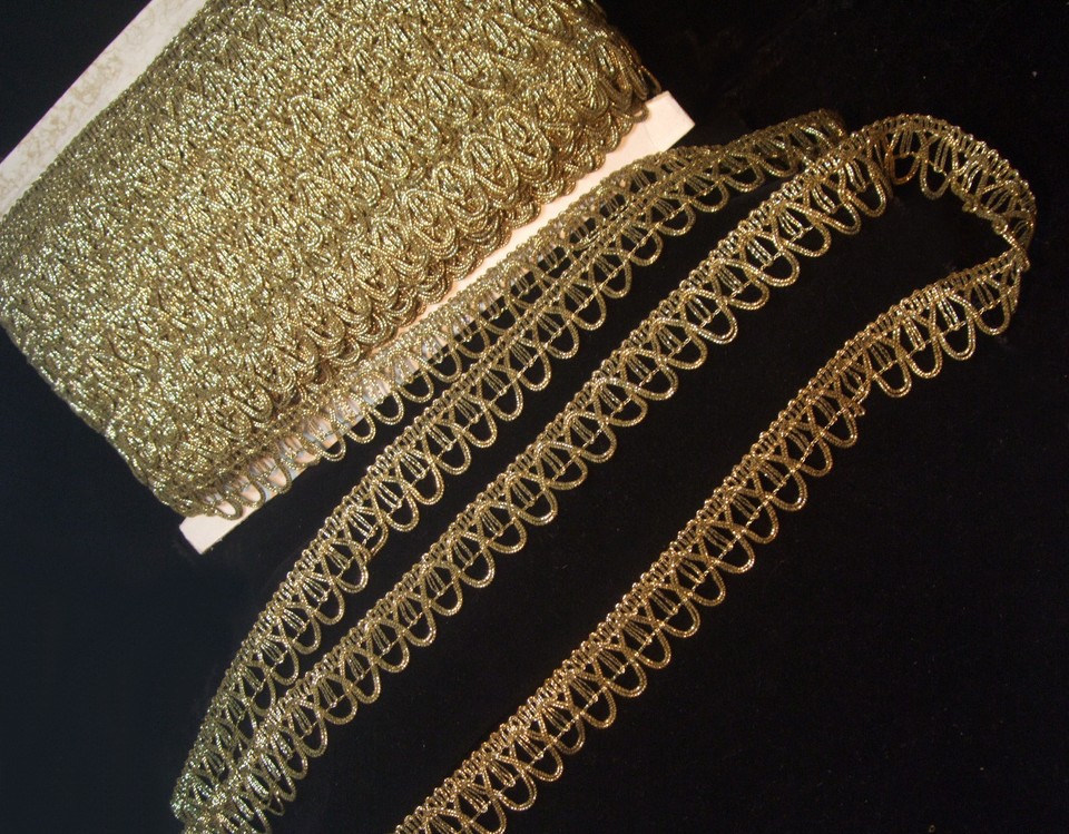 Antique gold metallic lace metal trim swag design loops vintage costume ...