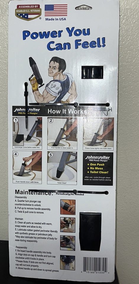 JOHNNY JOLTER JJR-304 USA MADE POWER TOILET PLUNGER ONE PUSH NO MESS ...