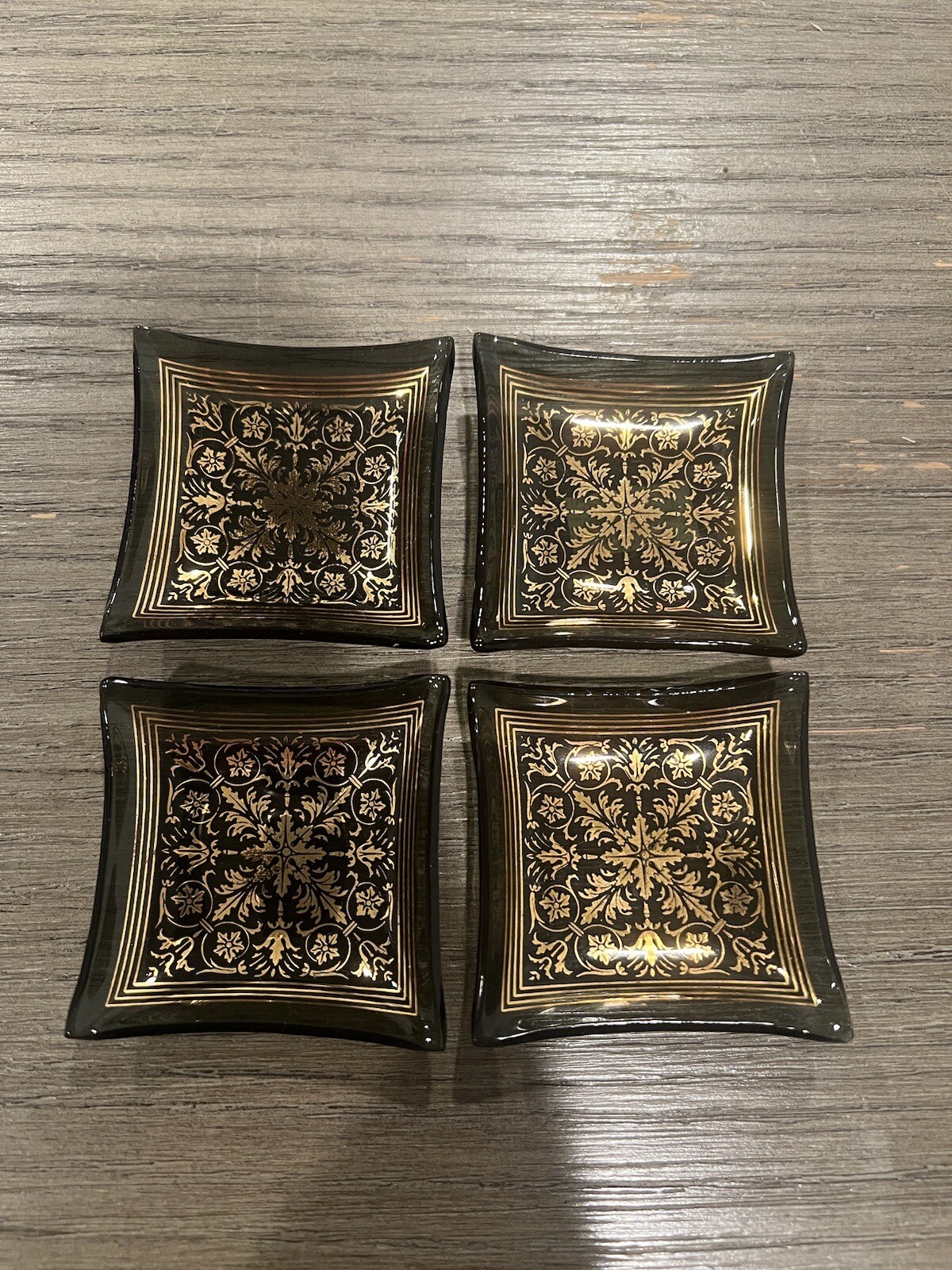Vintage “Card Mates” Smoke Glass & Gold Leaf Petite Trays Set Of 4 | eBay