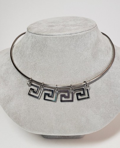 Greek Key Necklace Signed SWATCH Choker Stainless Ste… - Gem