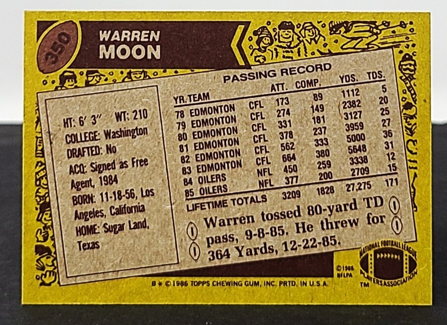 WARREN MOON Signed 1986 Topps Football Trading Card #350 Houston Oilers ...