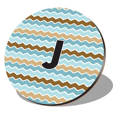 1 x Round Coaster - Letter J Blue Waves Geometry Zigzag Color Initial ...