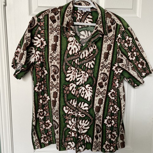 Vintage Rai Nani Hawaiian Shirt Green Barkcloth Tiki M Medium Fit Reads ...