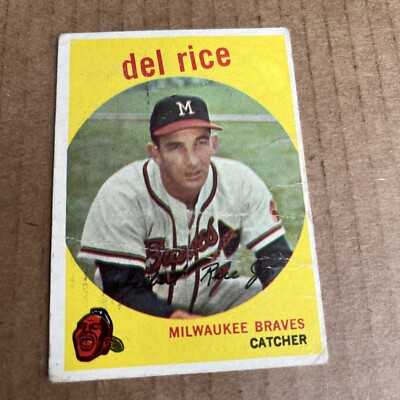 1959 Topps White Back Del Rice #104 Milwaukee Braves Vintage Baseball ...